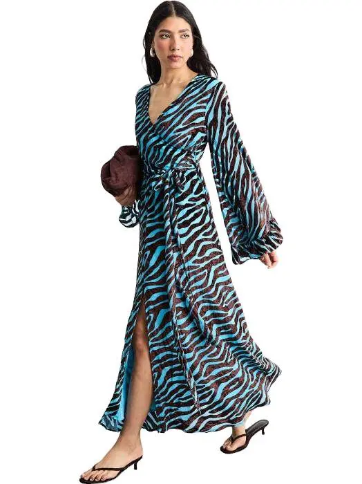 WAREHOUSE Burnout Velvet Plunge Maxi Dress - Blue