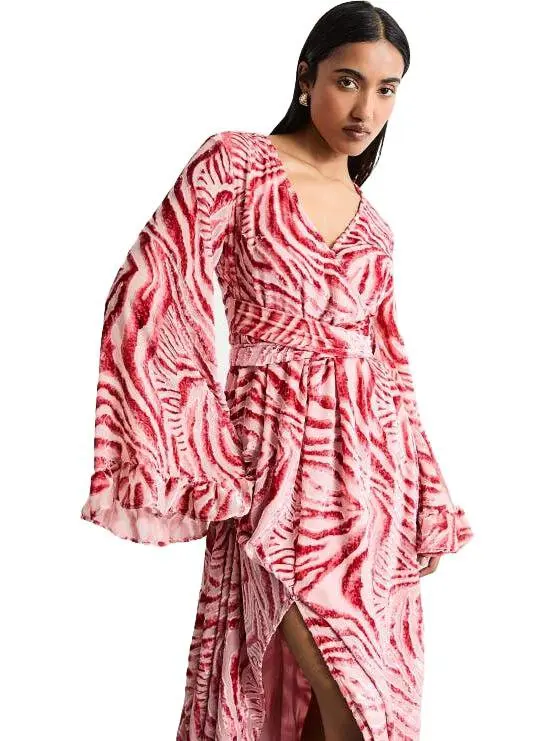 WAREHOUSE Burnout Velvet Plunge Maxi Dress - Red
