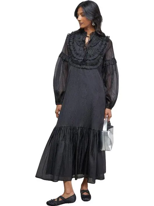 WAREHOUSE Crinkle Stripe Frill Midi Dress - Black