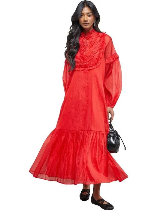 WAREHOUSE Crinkle Stripe Frill Midi Dress - Red
