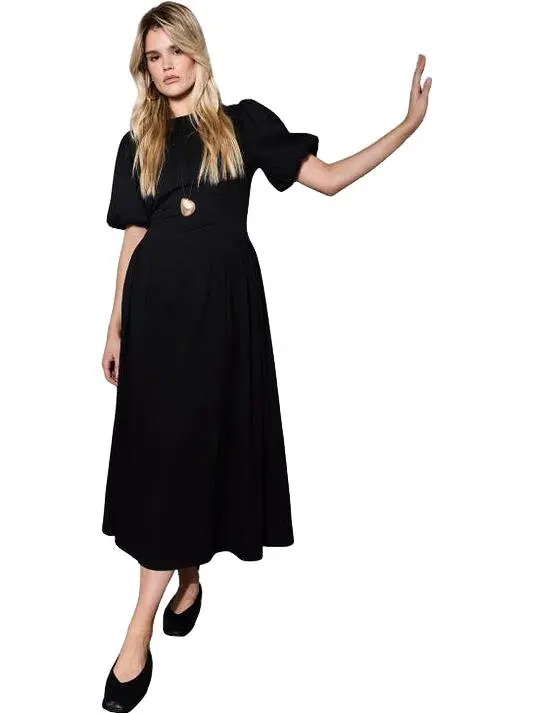 WAREHOUSE Seersucker Puff Sleeve Midi Dress - Black
