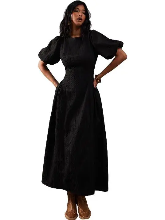 WAREHOUSE Seersucker Puff Sleeve Midi Dress - Black
