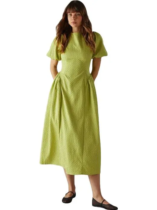 WAREHOUSE Seersucker Puff Sleeve Midi Dress - Chartreuse