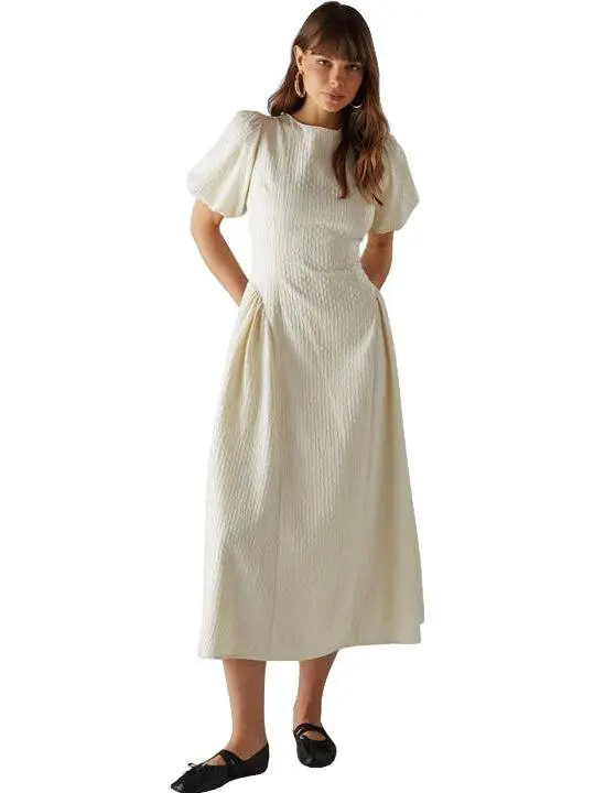 WAREHOUSE Seersucker Puff Sleeve Midi Dress - Cream