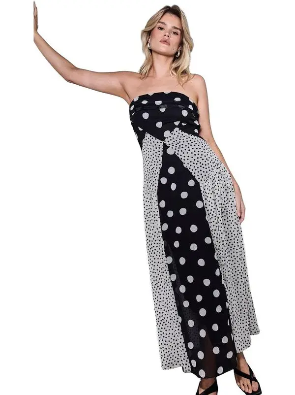 WAREHOUSE Printed Bandeau Seam Detail Midi Dress - Mono