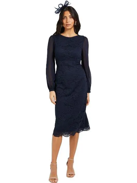 WALLIS Lace Chiffon Cowl Back Pencil Dress - Navy