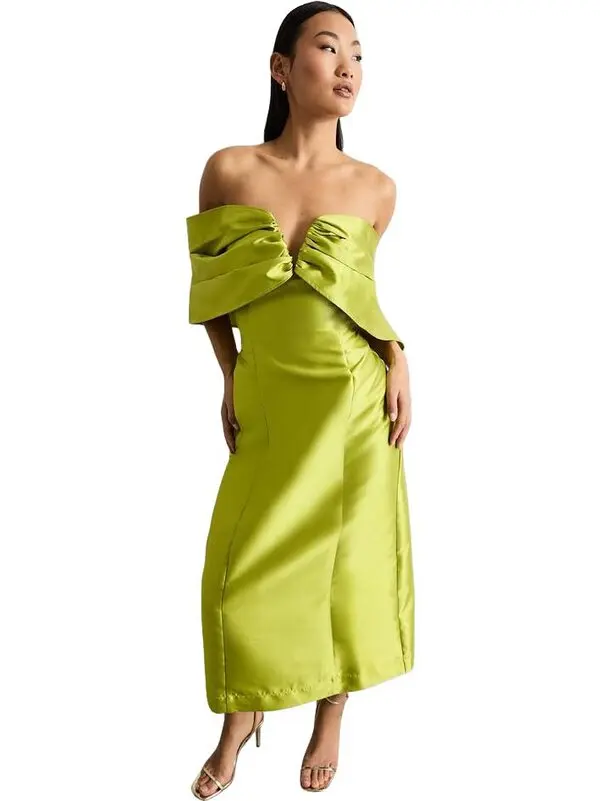WAREHOUSE Petite Satin Twill Bardot Midi Dress - Chartreuse