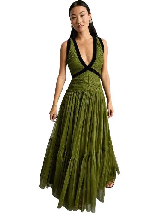WAREHOUSE Velvet Trim Tulle Maxi Dress - Green