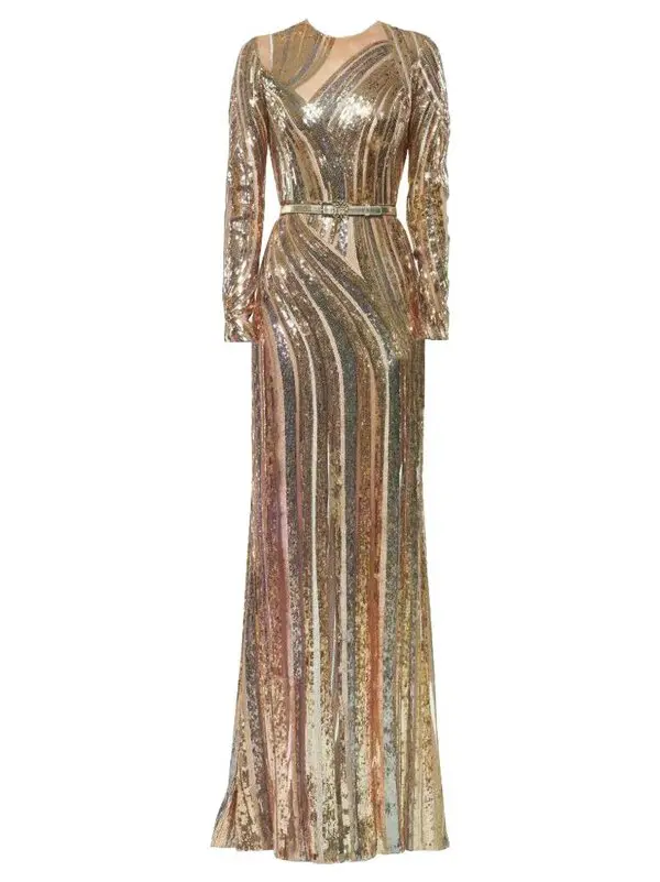 Elie Saab Sequin-embellished Belted Gown - Gold