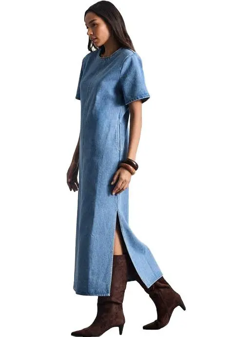 WAREHOUSE Denim Side Split Midi Dress - Dark Wash