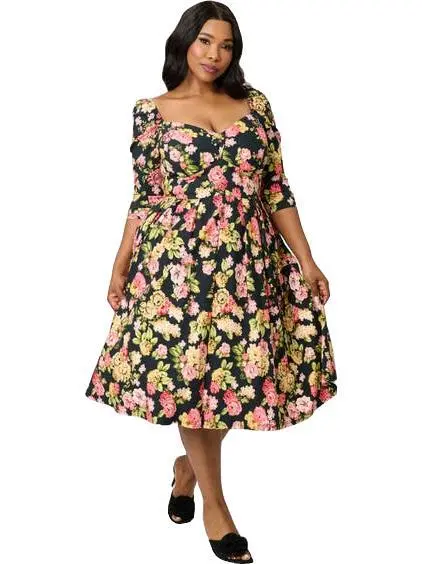 Unique Vintage Woven Sweetheart Neckline Swing Dress - Black Floral Print
