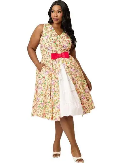 Unique Vintage 1960s Garden Party Swing Dress - Beige W/pink Bow Floral Print