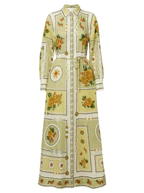 ALEMAIS Dixie Belted Printed Ramie Shirt Dress - Green