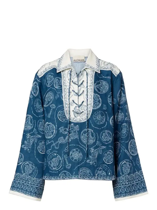 ALEMAIS Lucky Printed Linen Blouse - Blue