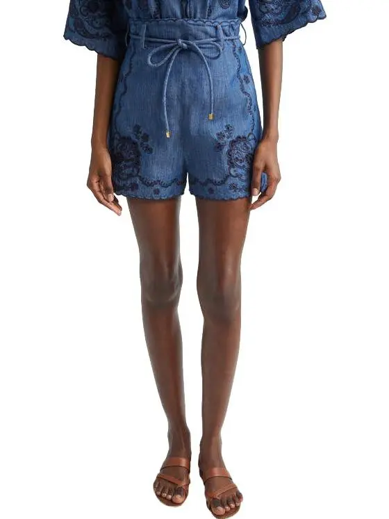 Zimmermann Aster Paisley Embroidered Denim Shorts - Railway Blue