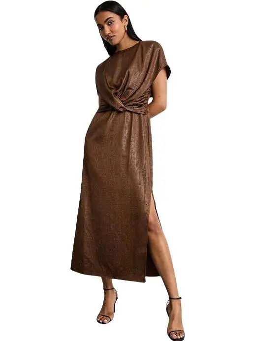 WAREHOUSE Leather-look Twist Front Midi Dress - Chocolate