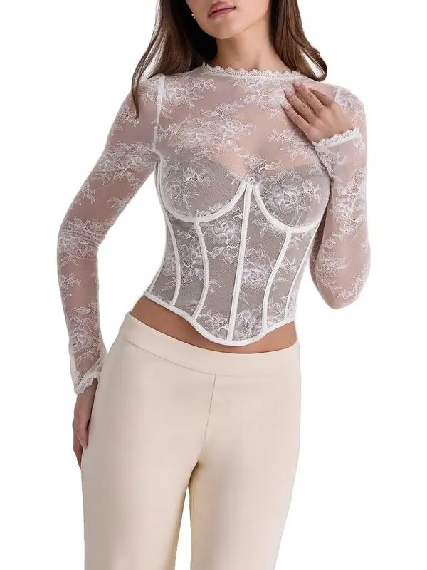 House Of Cb Zoe Long Sleeve Lace Crop Corset Top - Vintage Ivory