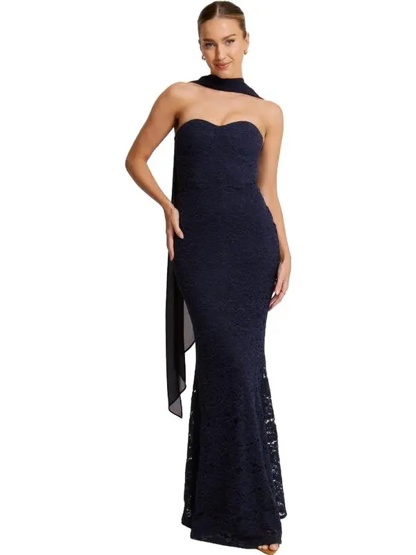 SIX STORIES Lace Corset Maxi Gown With Draped Scarf - Navy