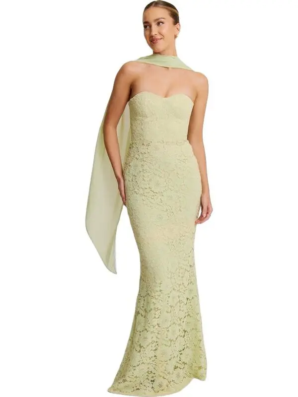 SIX STORIES Lace Corset Maxi Gown With Draped Scarf - Sage