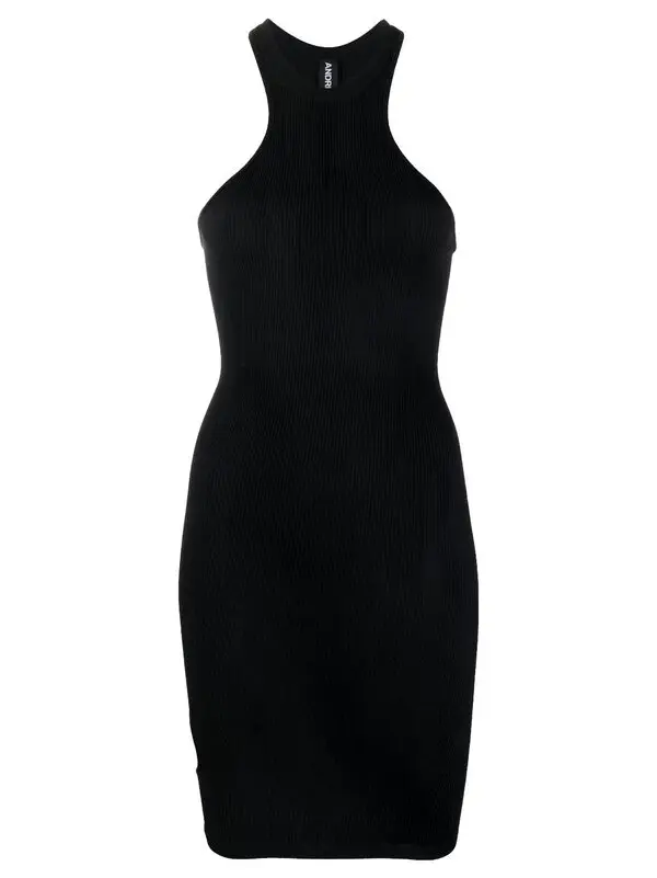 ANDREĀDAMO Ribbed Knit Racer Neck Dress - Black