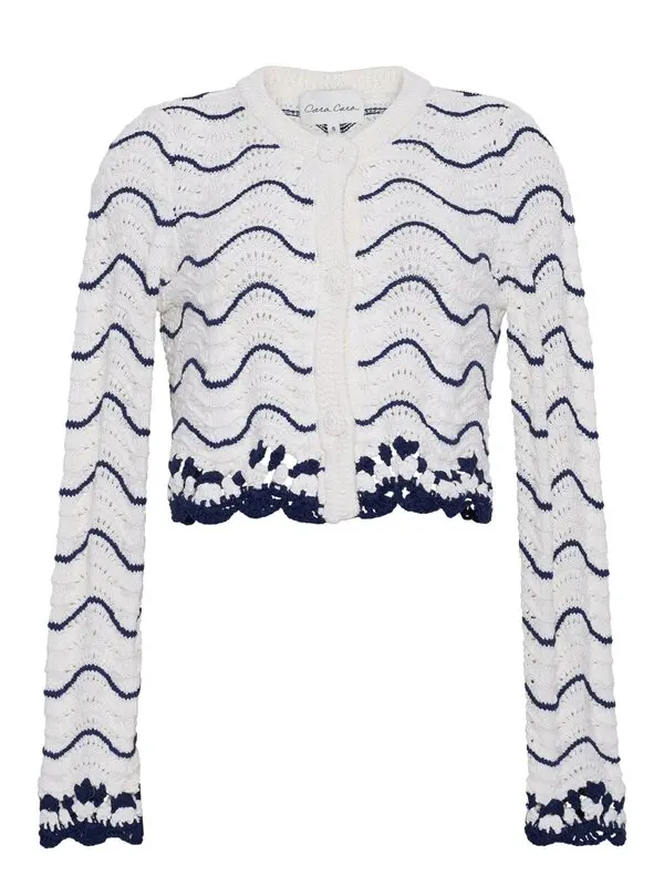 Cara Cara Louise Cropped Cardigan - White Navy Wave Stripe