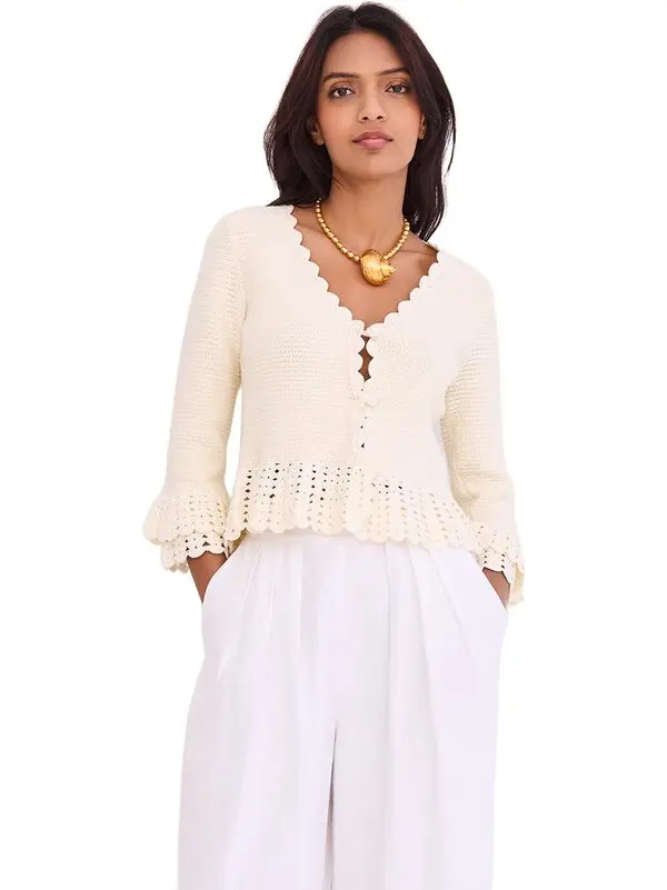Cara Cara Crochet Cardigan With Ruffle Hem - Ivory
