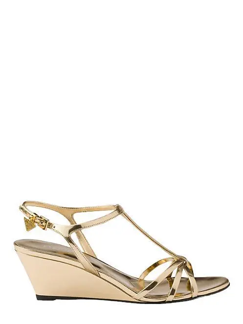Prada Logo-engraved Metallic Leather Heeled Sandals - Gold/silver