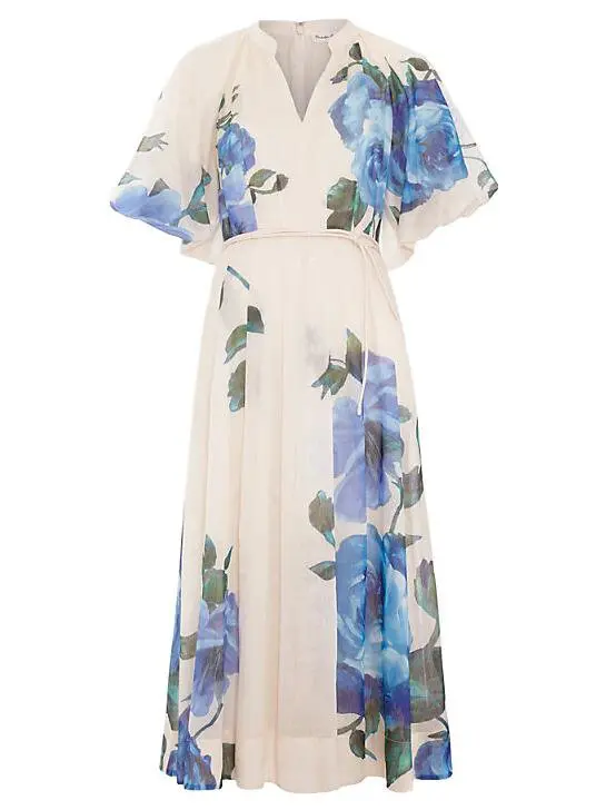 PHASE EIGHT Adeline Floral Print Puff Sleeve Midi Dress - Cream