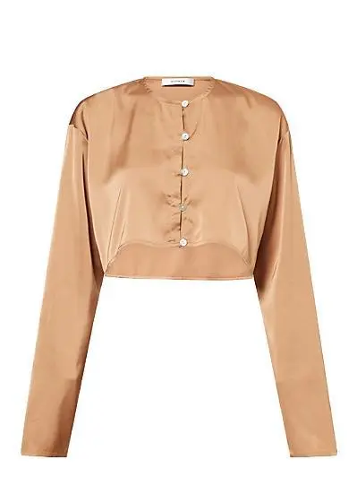 HYPHEN Long-sleeve Cropped Satin Top - Latte