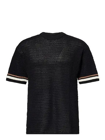 THE COUTURE CLUB Stripe-trim Crochet Knit Tee - Stripe Black