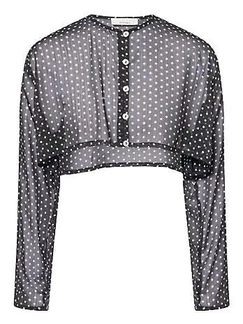 HYPHEN Long-sleeve Sheer Cropped Top - Black Polka & Dot