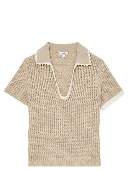 REISS Ottilie Open-collar Cotton And Linen Knit Top - Neutral White