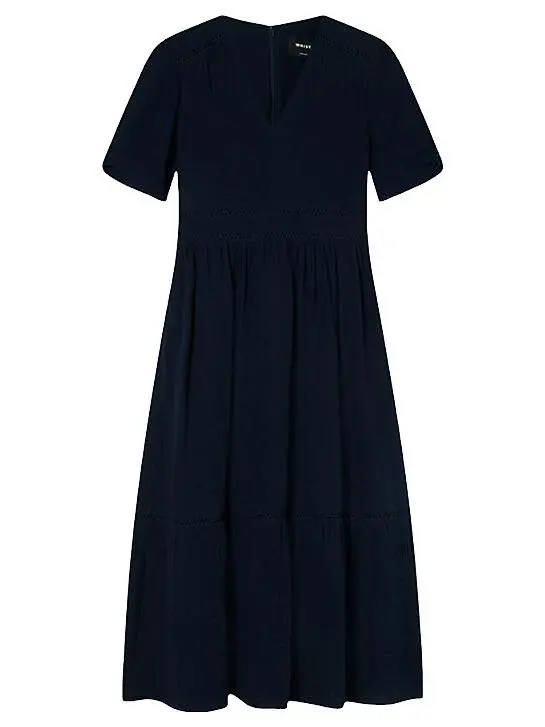 Whistles Textured V-neck Cotton Midi Dress - Navy