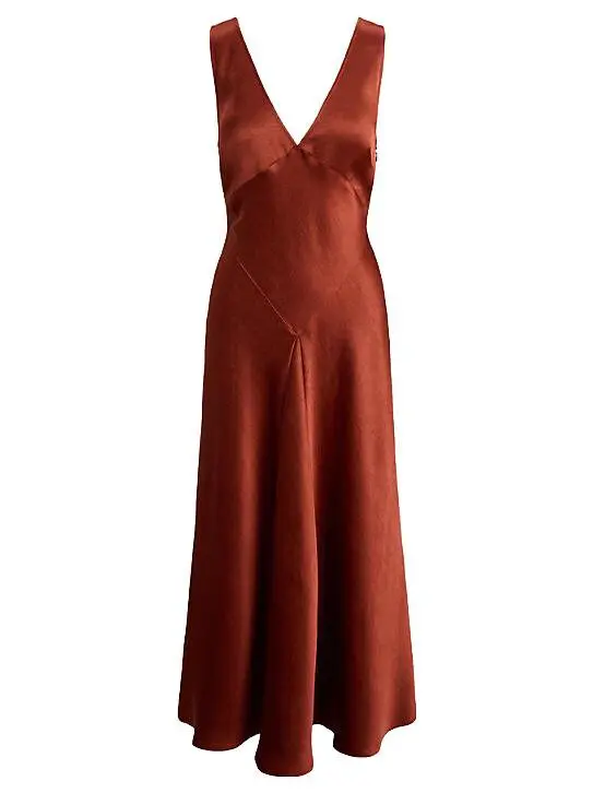 Polo Ralph Lauren Panelled V-neck Satin Midi Dress - Rust