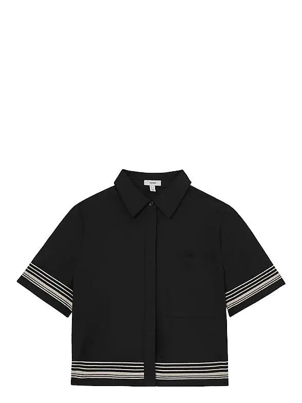REISS Cotton Shirt With Stripe Detail - Black Ivory