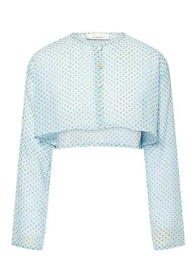 HYPHEN Long-sleeve Sheer Cropped Top - Blue Polka Dot