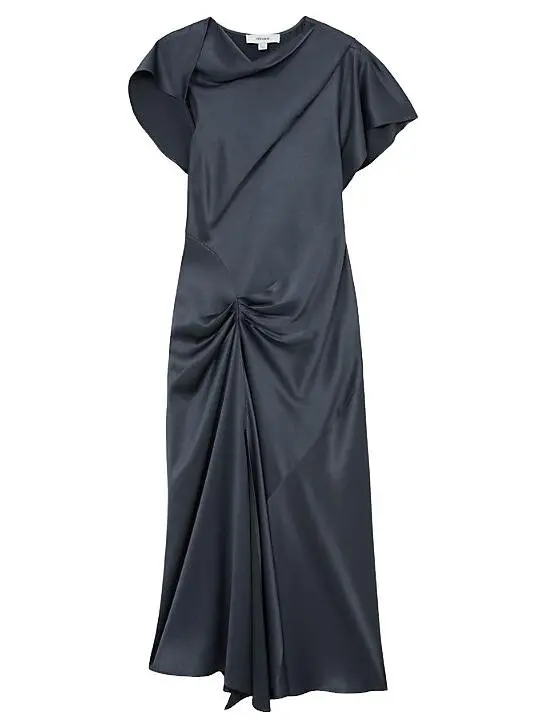 REISS Sasha Drape-detail Satin Midi Dress - Slate Grey