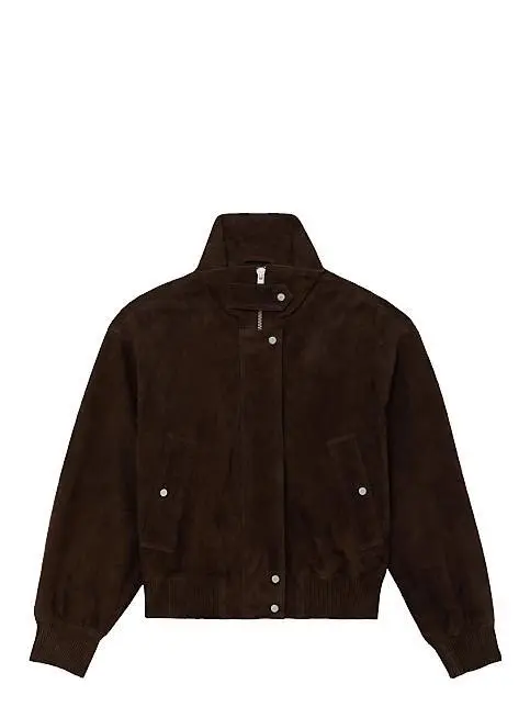 REISS Cara Funnel-neck Suede Bomber Jacket - Chocolate Brown