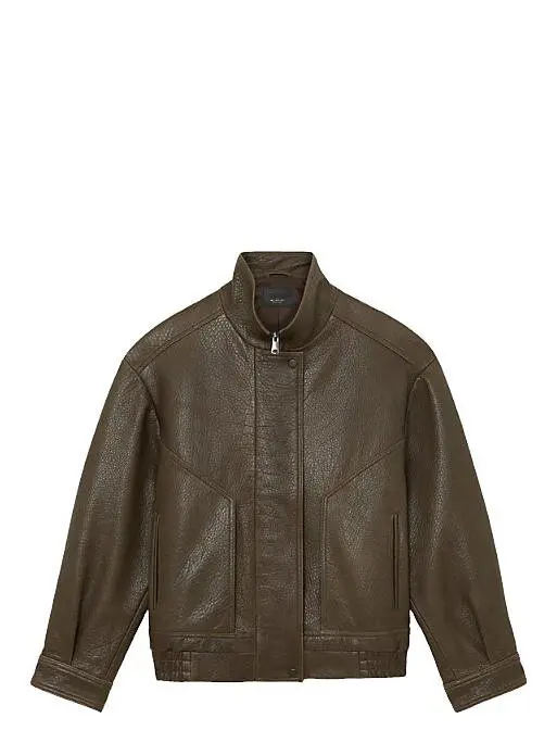 REISS Cara Funnel-neck Suede Bomber Jacket - Khaki Green