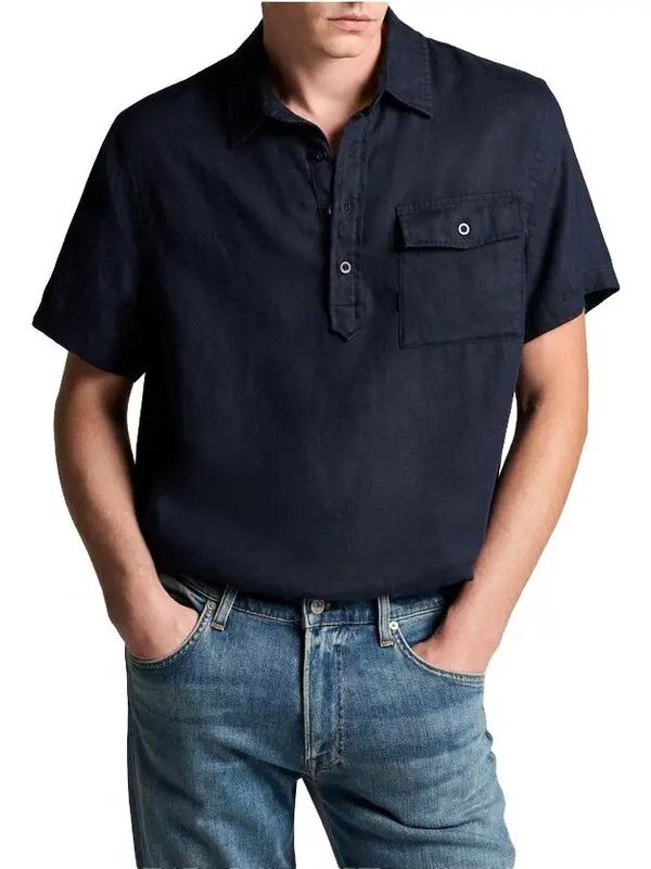 Vince Linen Half-placket Shirt - Black