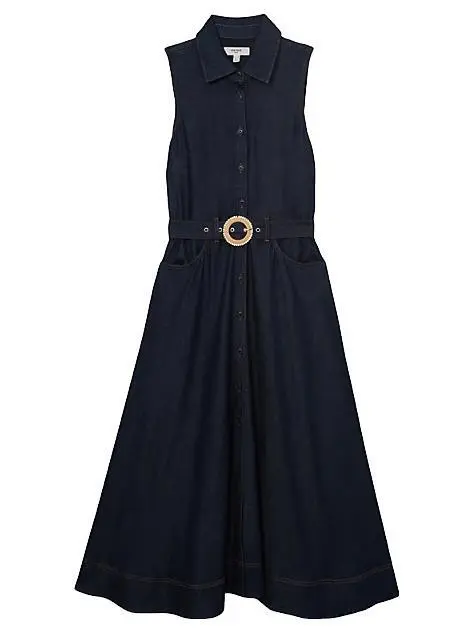 REISS Remi Belted-waist Denim Midi Dress - Indigo Blue