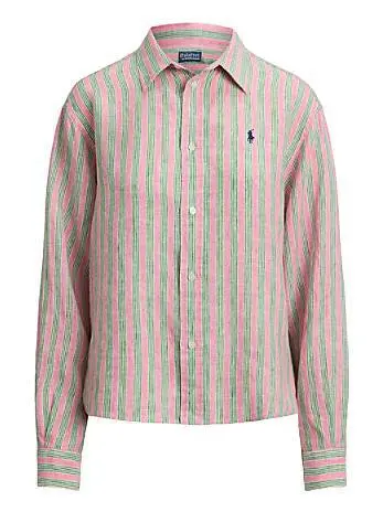 Polo Ralph Lauren Striped Linen Cropped Shirt - 1999 Berry Green Multi