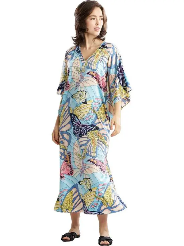 Natori Printed Satin Caftan - Blue