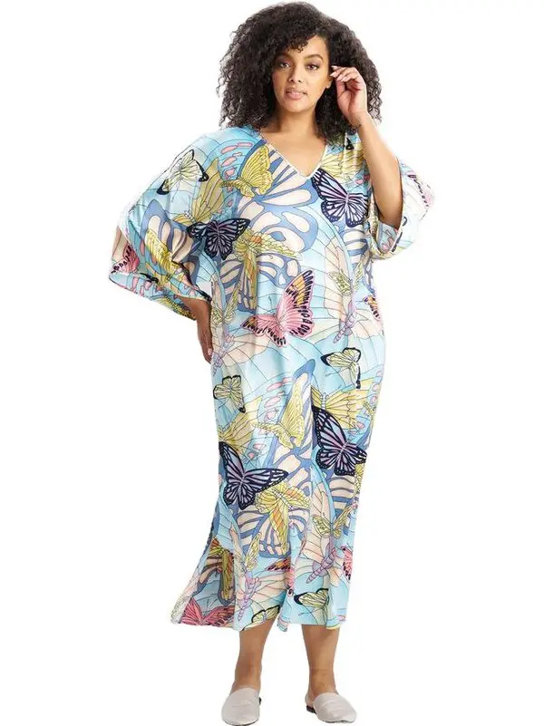 Natori Printed Satin Caftan - Blue