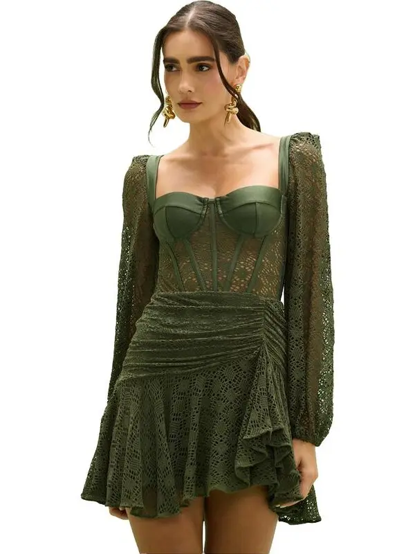 PatBO Sirena Mesh Long Sleeve Mini Dress - Green