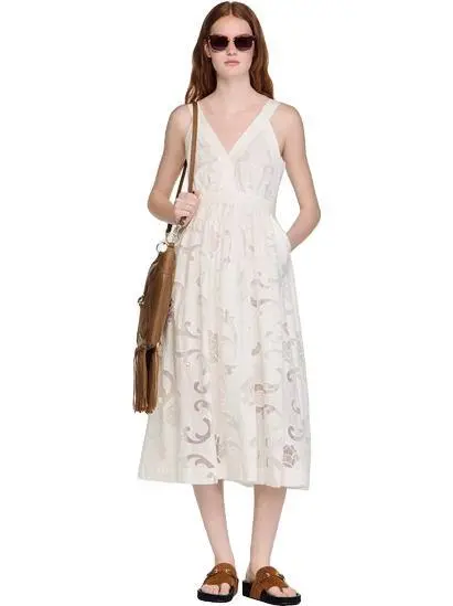 Sandro Openwork Cotton Midi Dress - Neutral / White