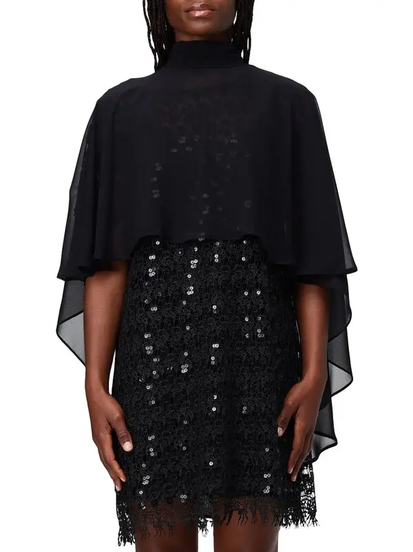 H COUTURE Sequined Lace Dress With Cape Overlay - Black
