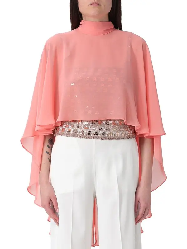H COUTURE Sequined Lace Dress With Cape Overlay - Salmon