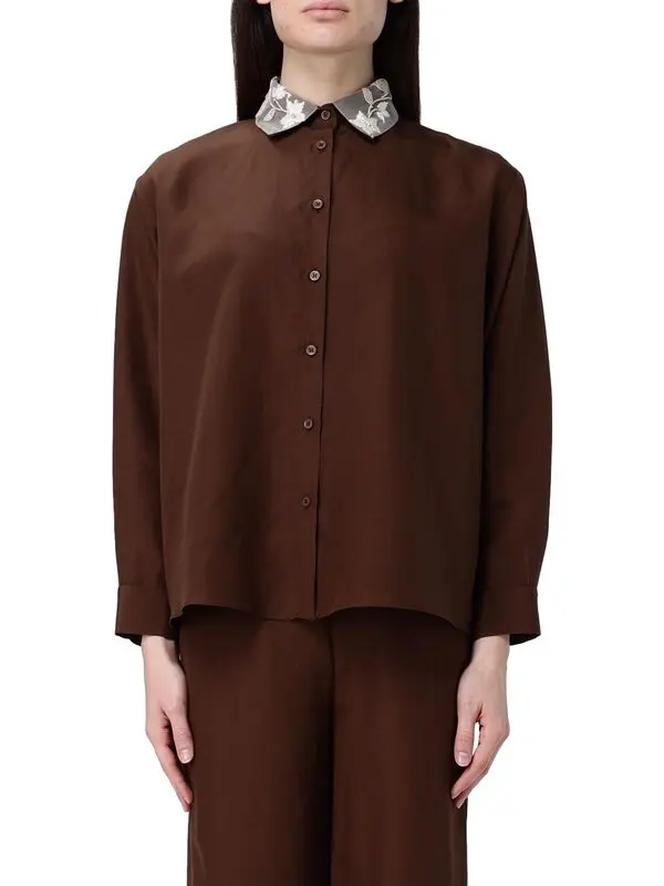 HANITA Embroidered Collar Linen Blend Shirt - Ebony