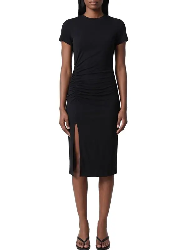 ANINE BING Jersey Midi Dress With Ruched Waist And Slit - Black